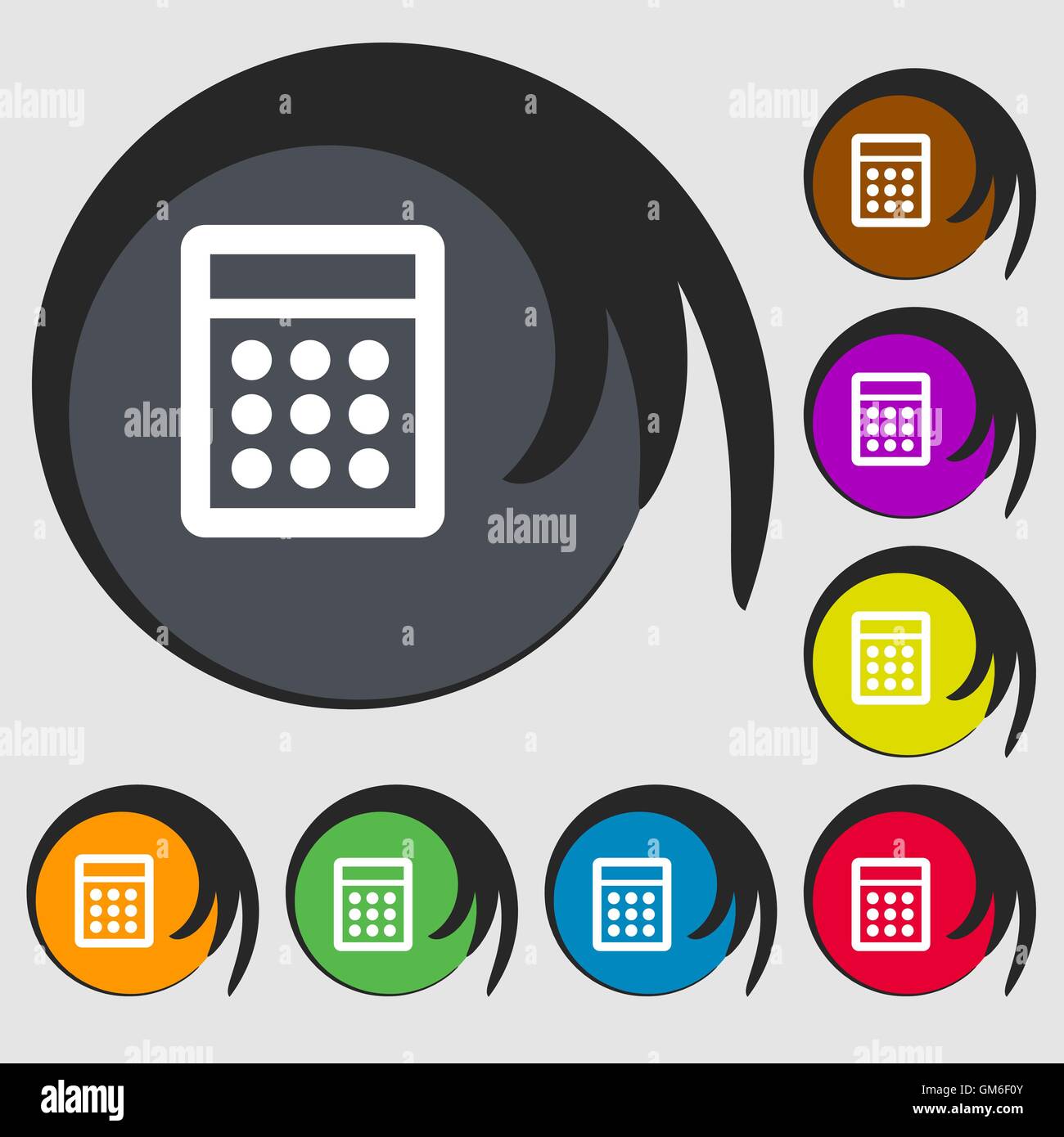 Calculator sign icon. Bookkeeping symbol. Symbols on eight colored ...