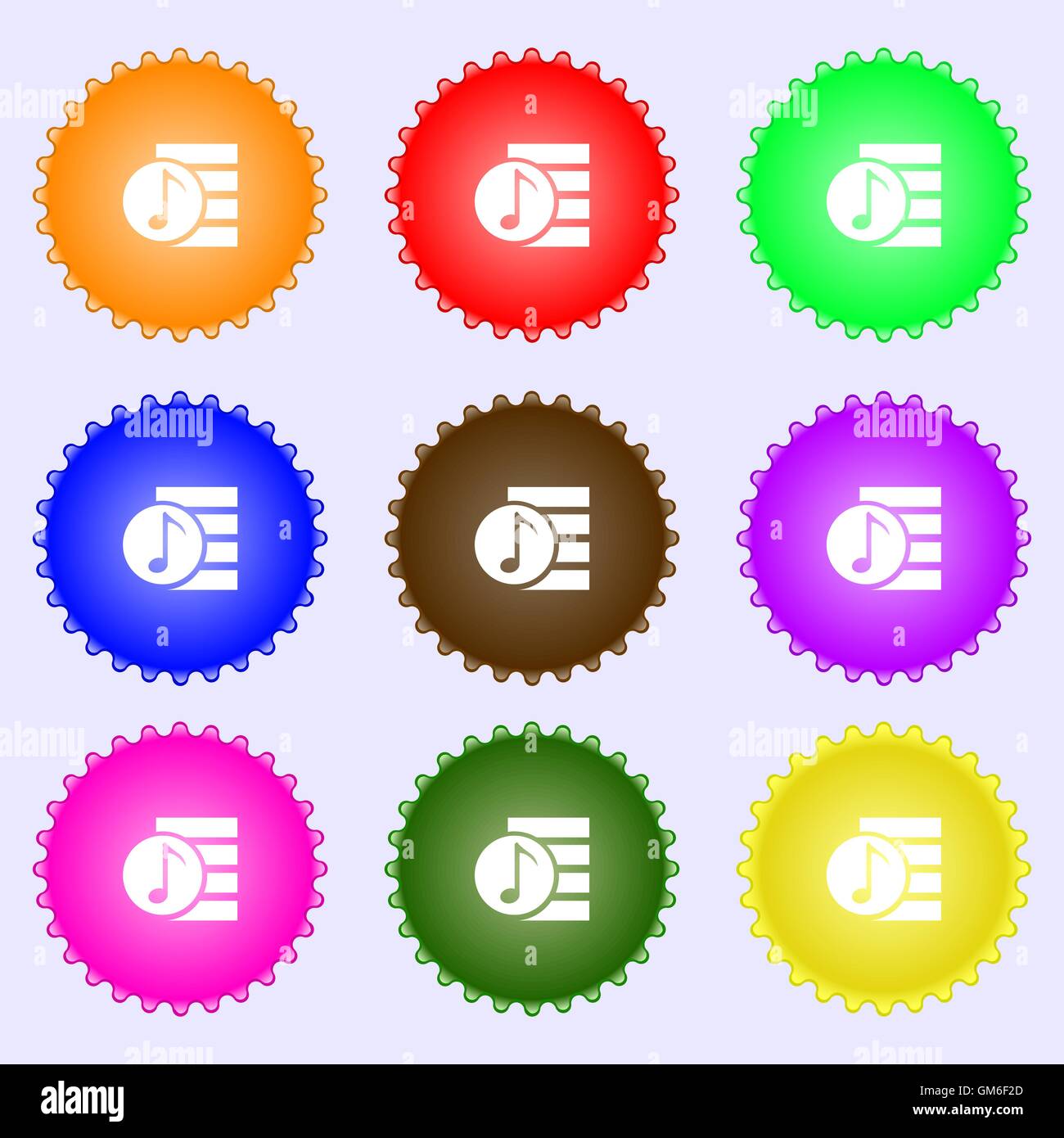 Audio, MP3 file icon sign. A set of nine different colored labels ...