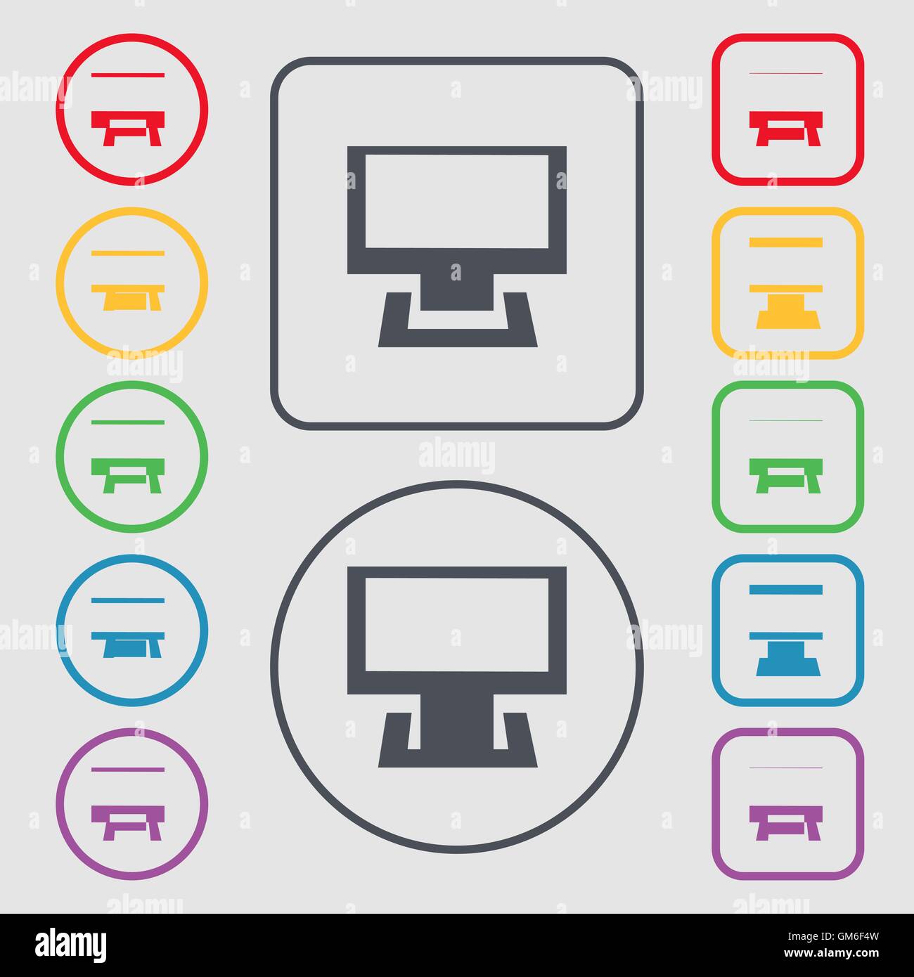 Computer widescreen monitor sign icon. Symbols on the Round and square ...