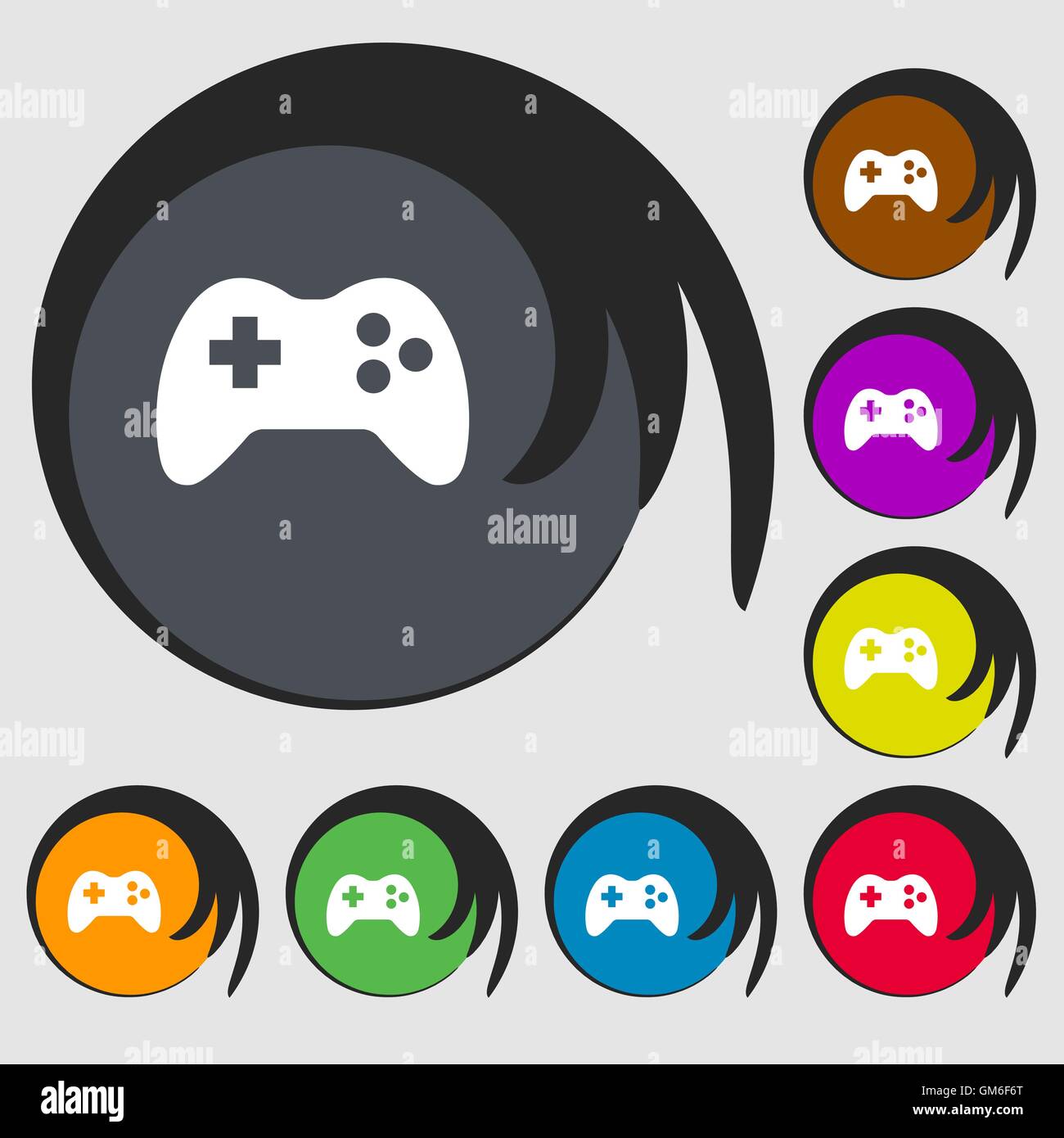 Joystick sign icon. Video game symbol. Symbols on eight colored buttons ...
