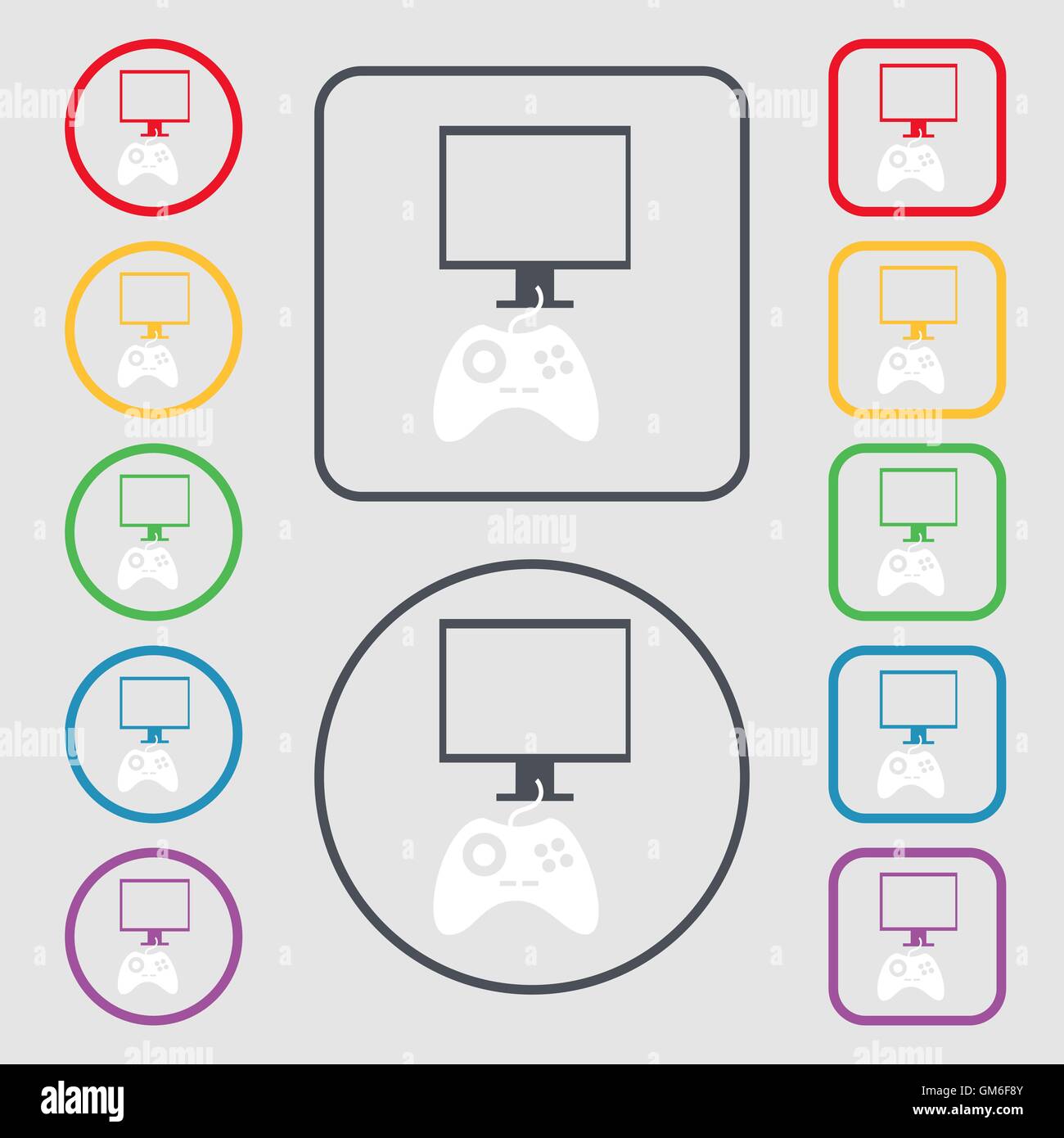 Joystick and monitor sign icon. Video game symbol. Symbols on the Round ...