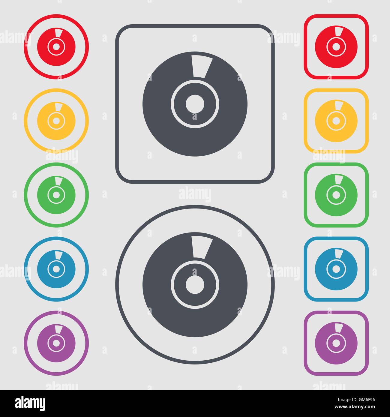 CD or DVD icon sign. Symbols on the Round and square buttons with frame ...