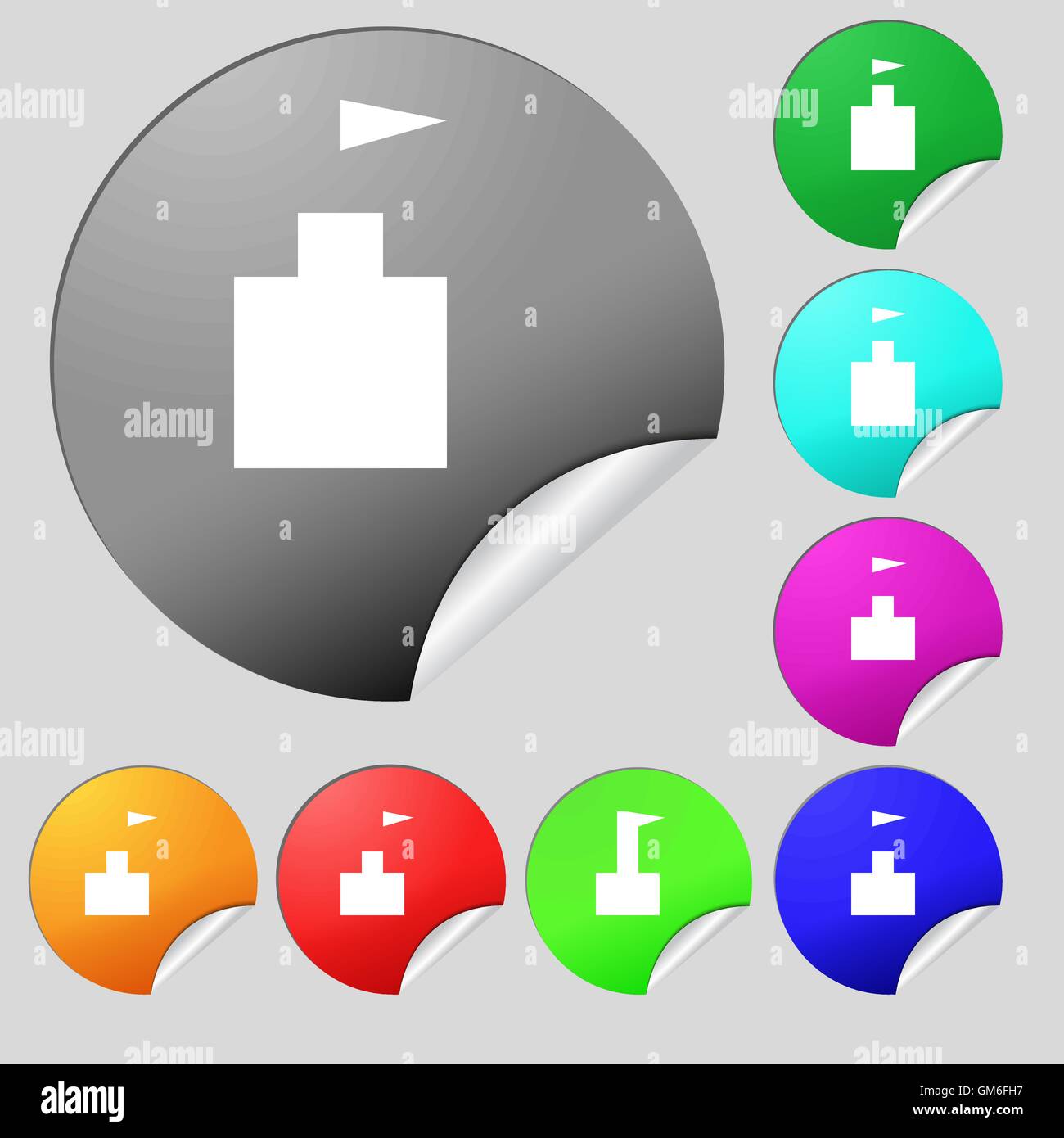 tower icon. Set Flat modern. Set of eight multi colored round buttons ...