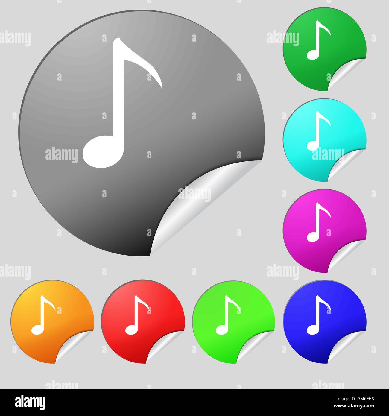 Music note icon sign. Set of eight multi colored round buttons ...