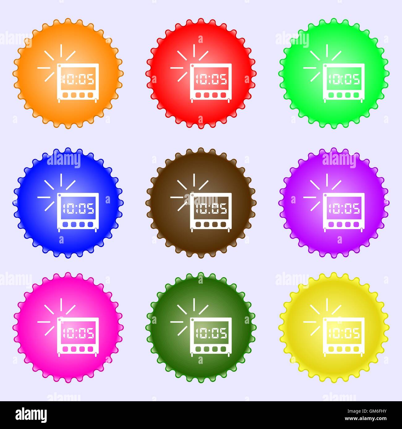 digital Alarm Clock icon sign. A set of nine different colored labels ...