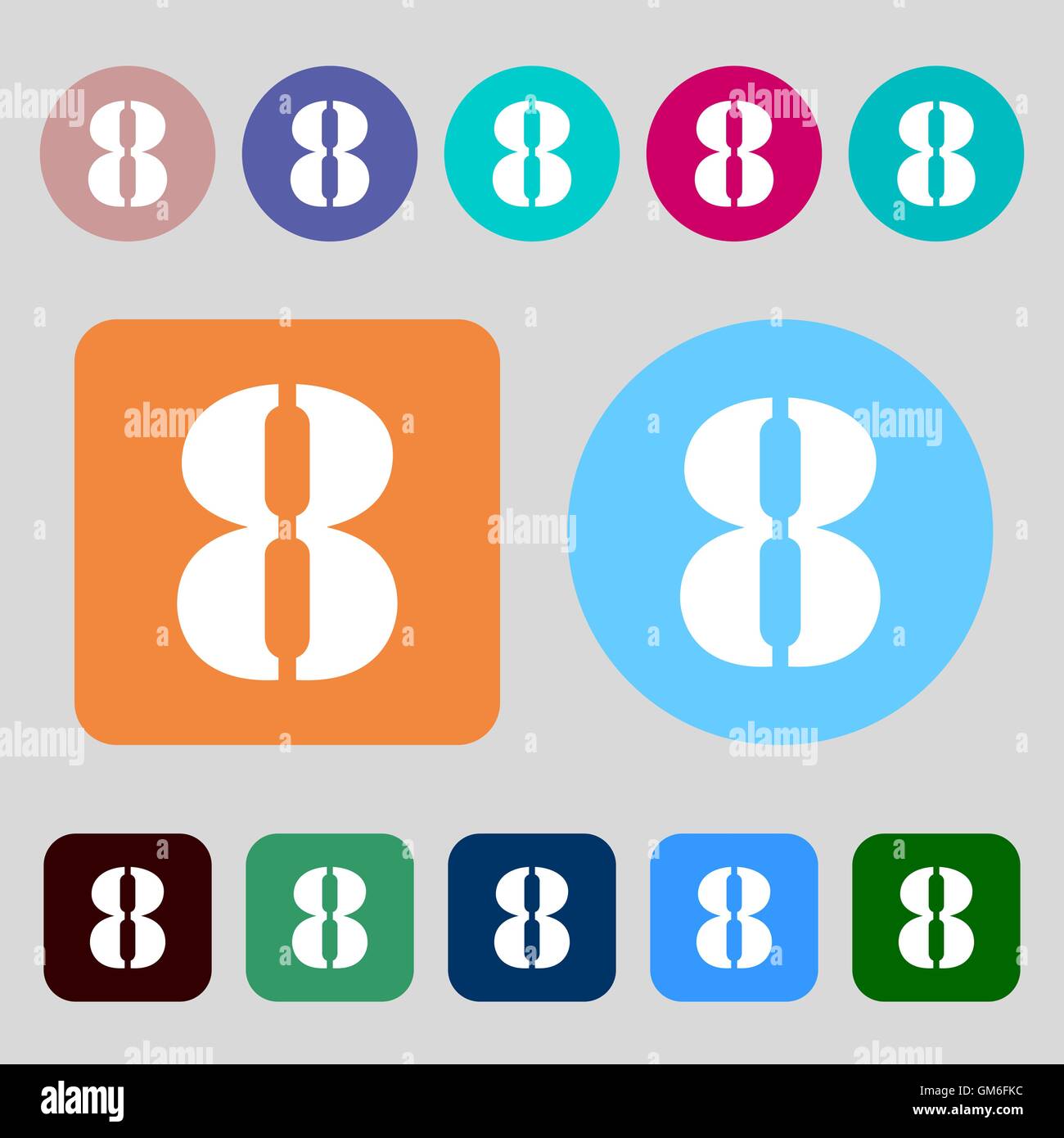 number Eight icon sign. 12 colored buttons. Flat design. Vector Stock ...