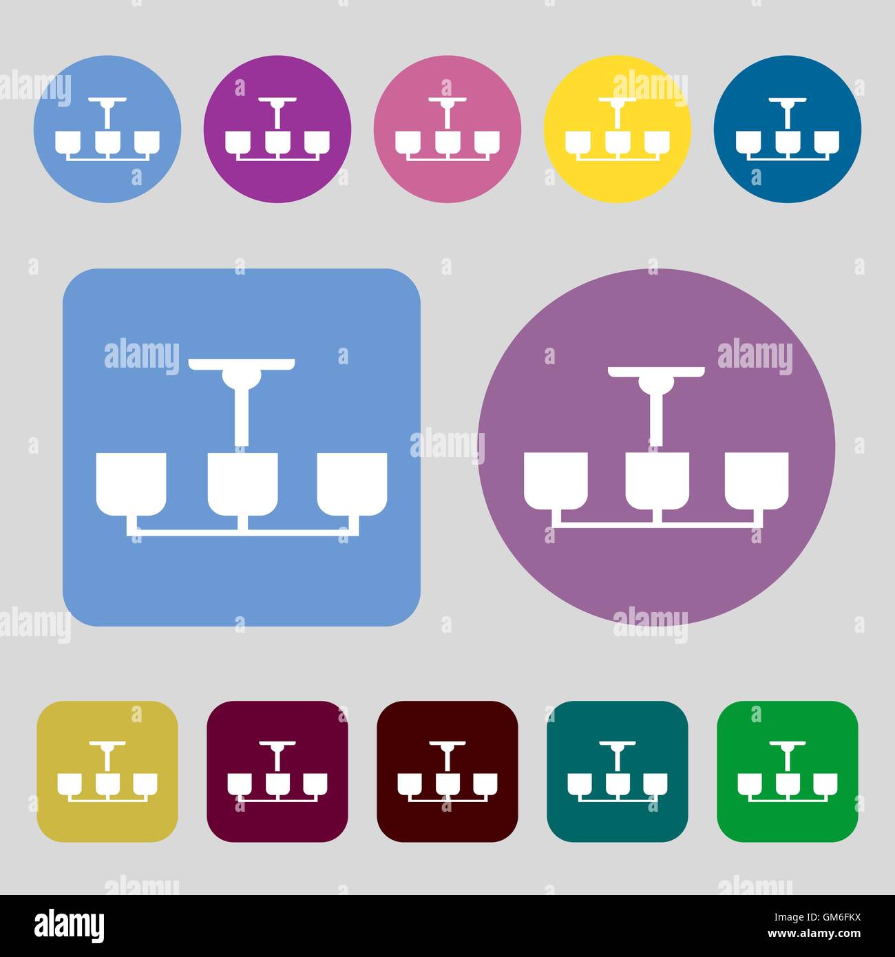 Chandelier Light Lamp icon sign. 12 colored buttons. Flat design ...
