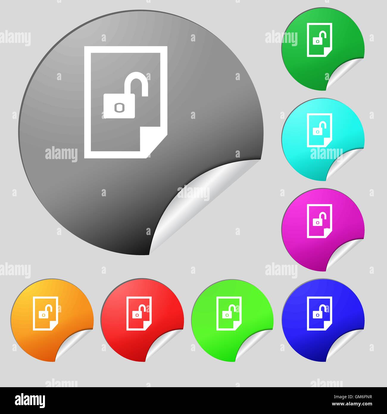 file unlocked icon sign. Set of eight multi colored round buttons ...