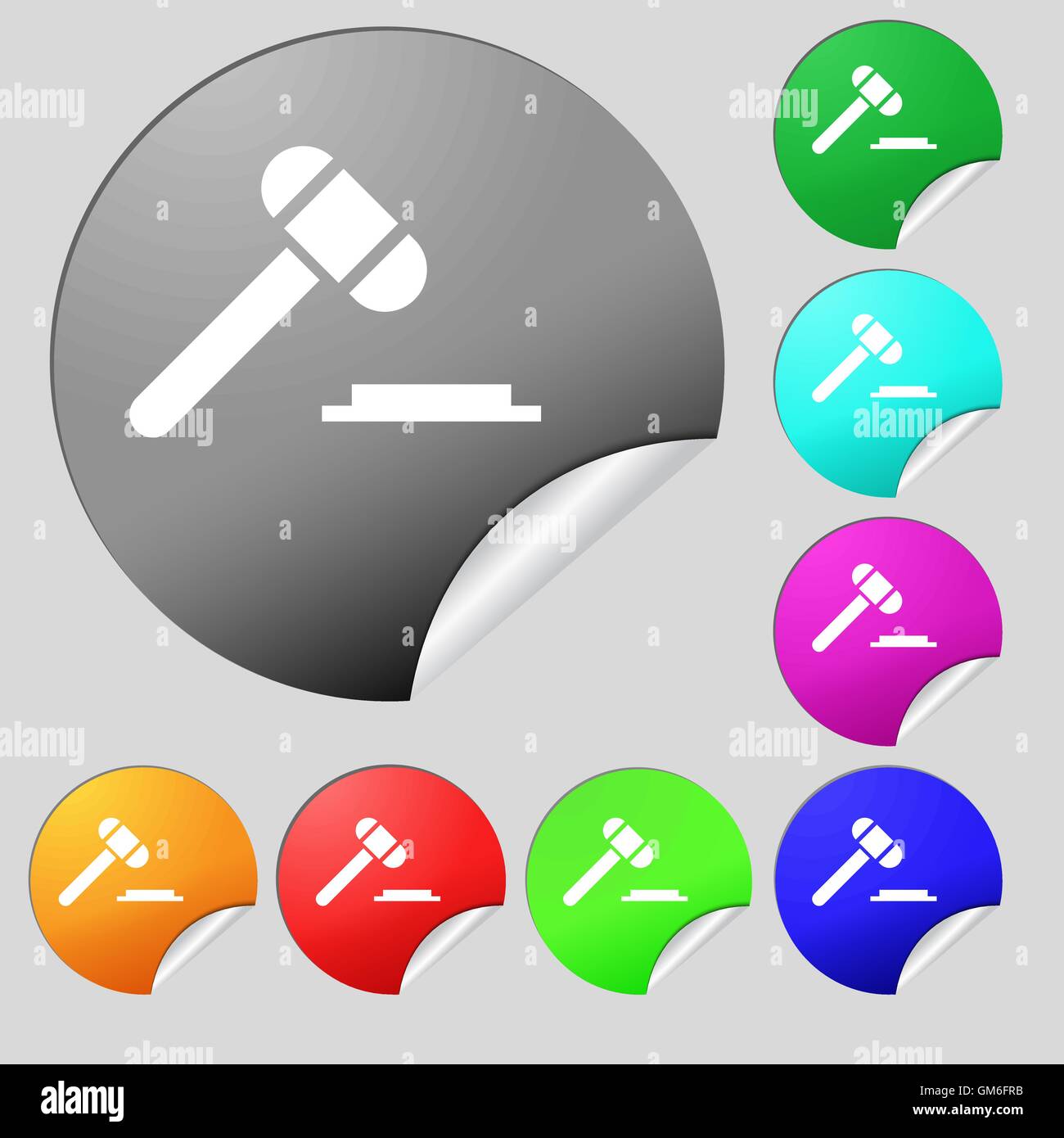 judge hammer icon. Set of eight multi colored round buttons, stickers ...