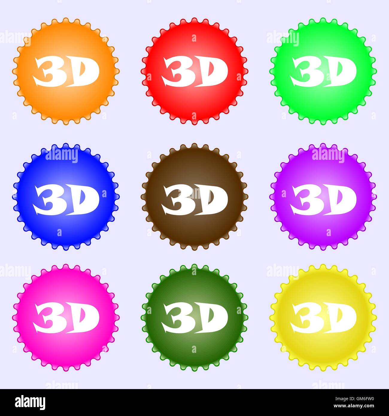 3D sign icon. 3D-New technology symbol. A set of nine different colored ...