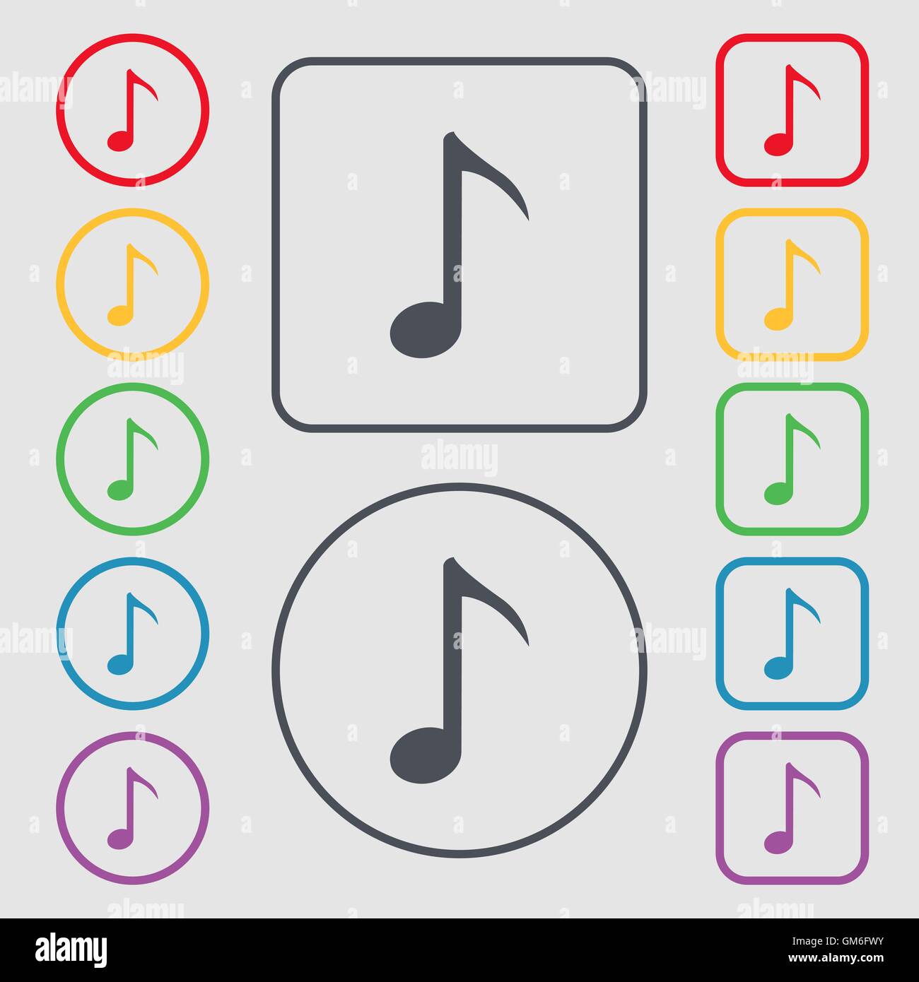 Music note icon sign. Symbols on the Round and square buttons with ...