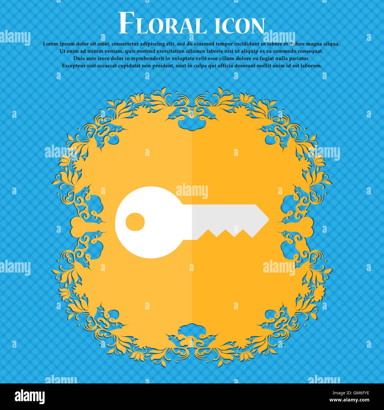 key. Floral flat design on a blue abstract background with place for ...