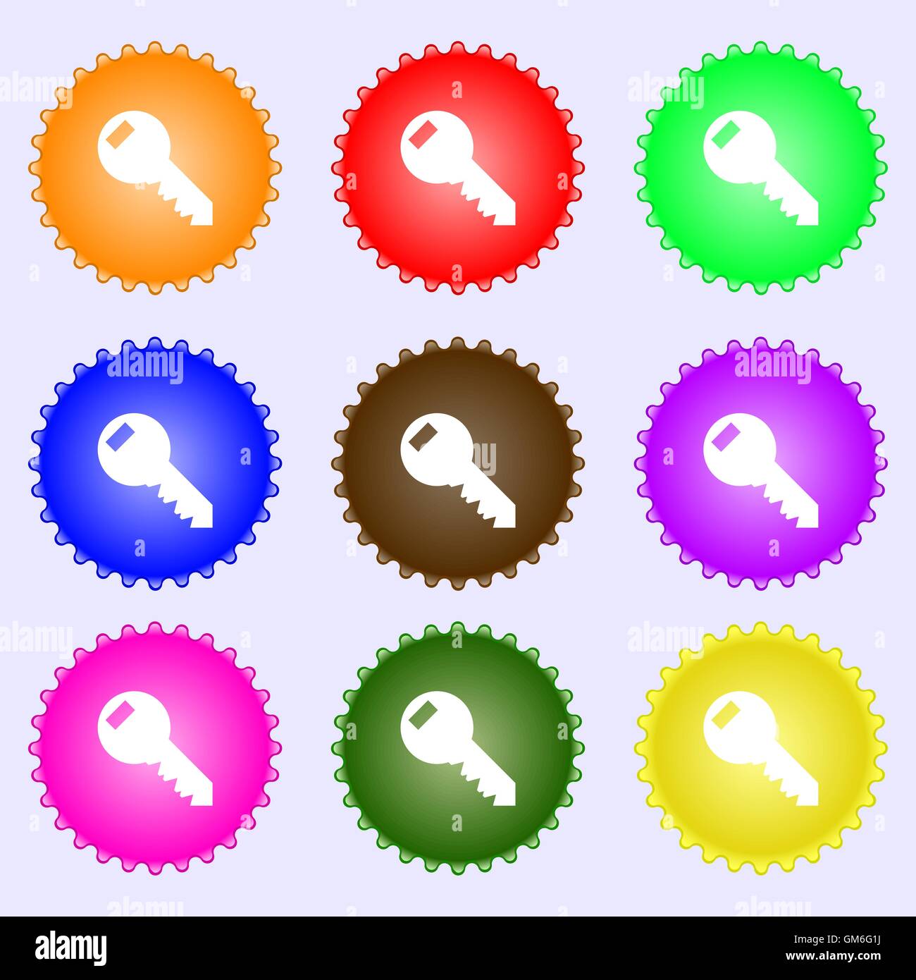 Key sign icon. Unlock tool symbol.. A set of nine different colored ...