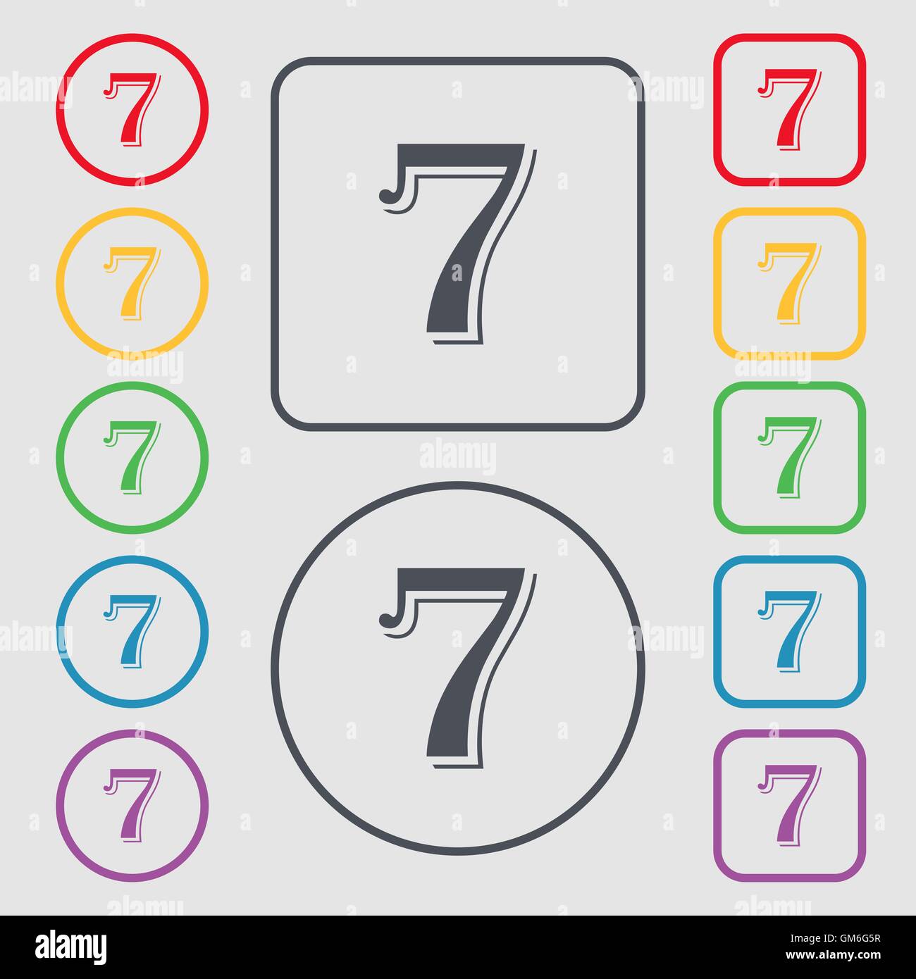 number seven icon sign. Symbols on the Round and square buttons with ...