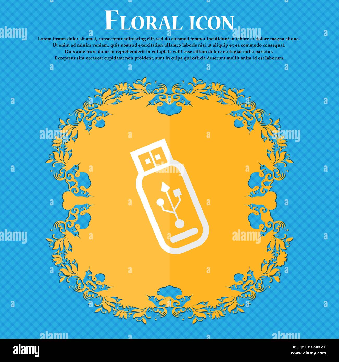 Usb flash drive. Floral flat design on a blue abstract background with ...