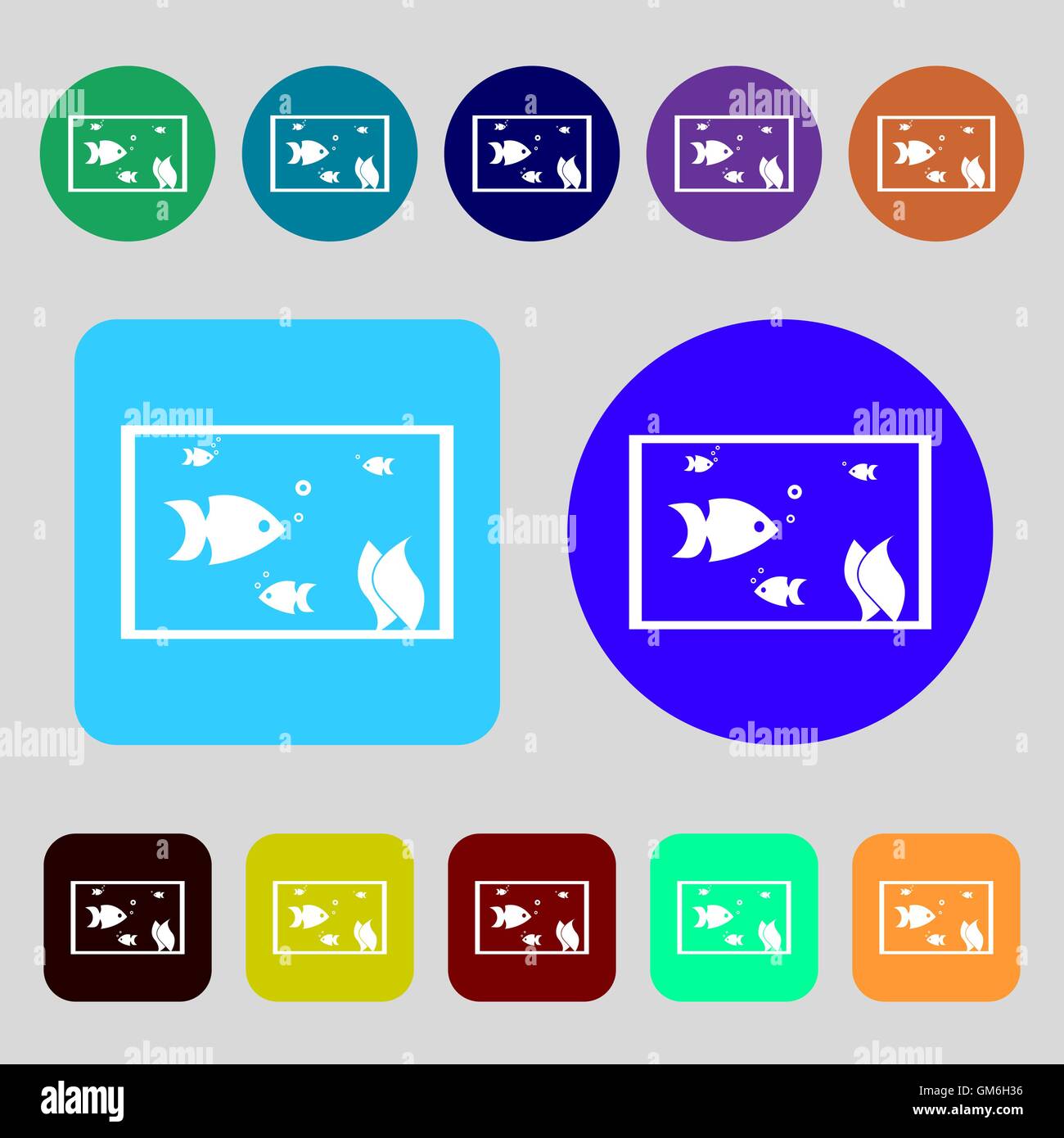 Aquarium, Fish in water icon sign. 12 colored buttons. Flat design ...