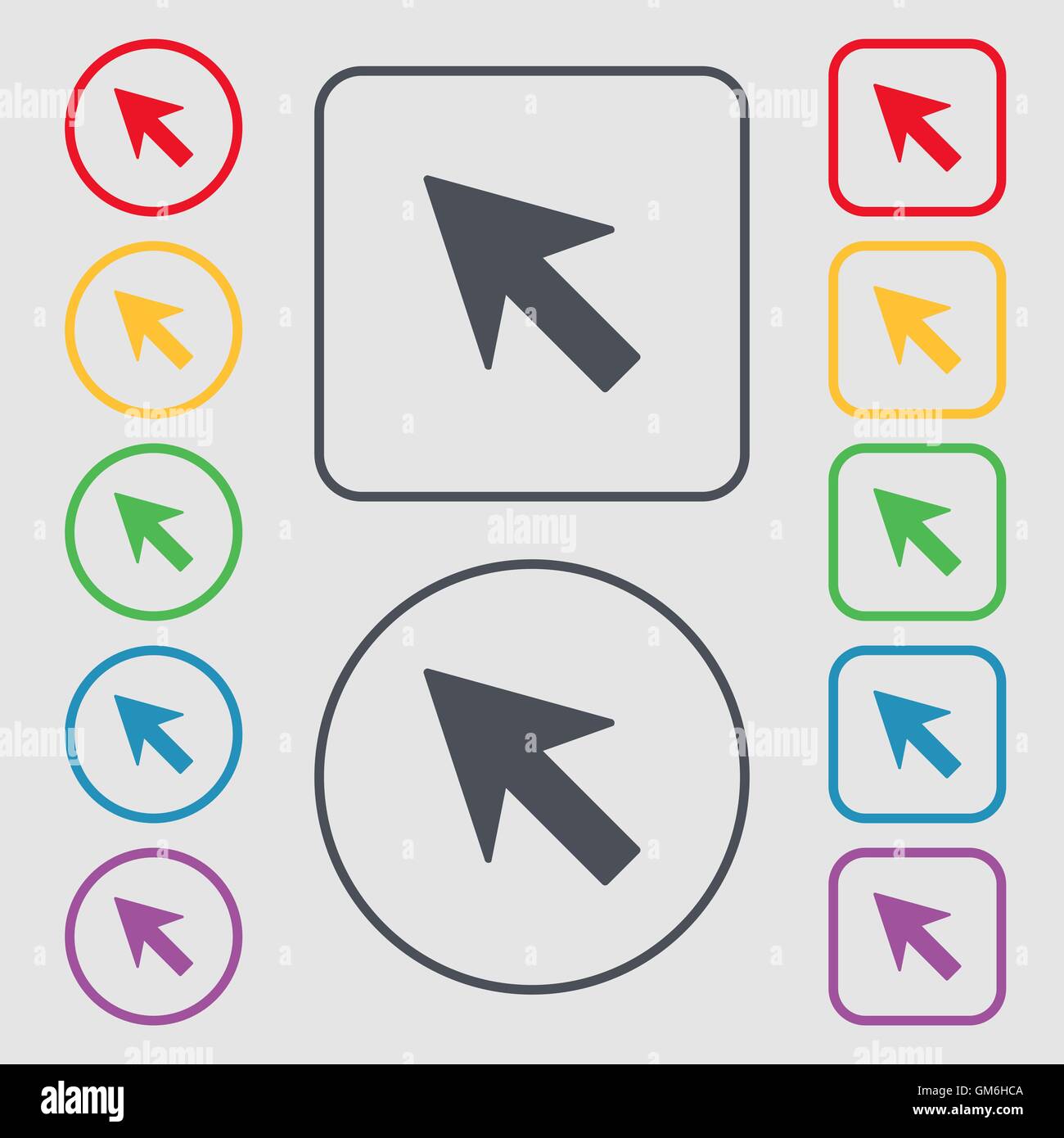 Cursor, arrow icon sign. Symbols on the Round and square buttons with ...