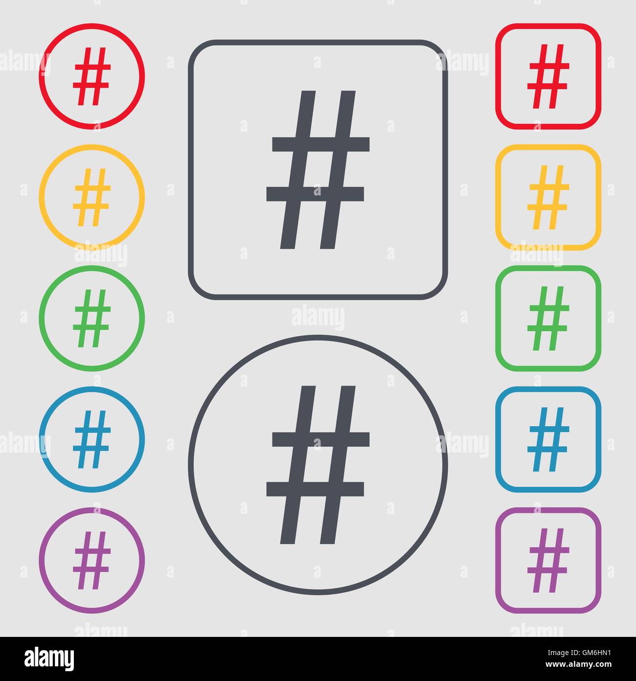 hash tag icon. Symbols on the Round and square buttons with frame ...