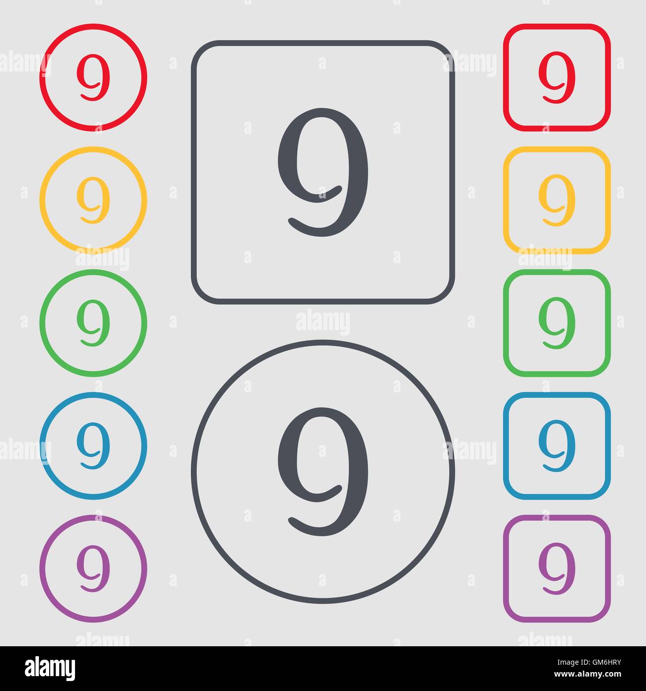 number Nine icon sign. Symbols on the Round and square buttons with ...
