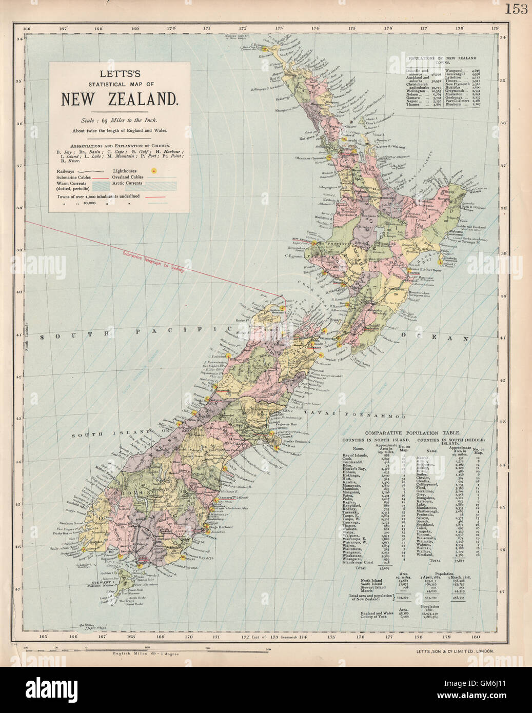 NEW ZEALAND Lighthouses railways telegraph cables ocean currents. LETTS ...