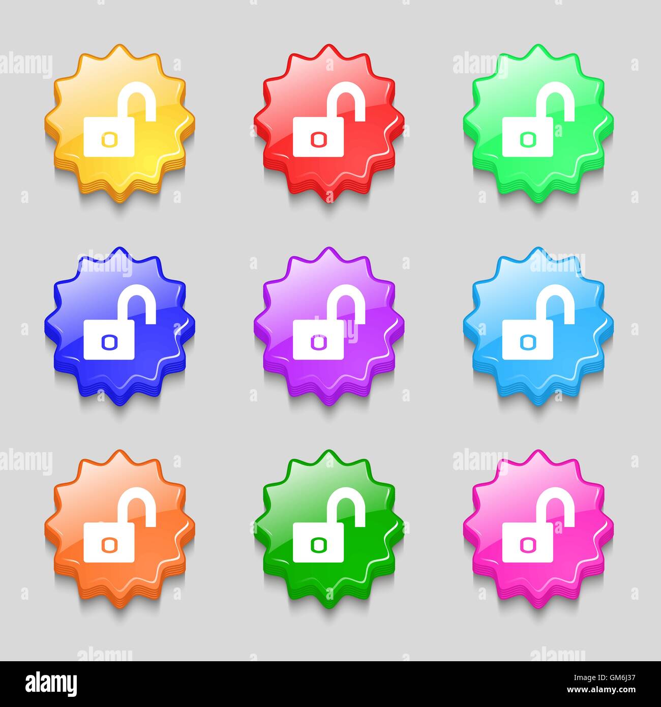Lock sign icon. Locker symbol. Symbols on nine wavy colourful buttons ...