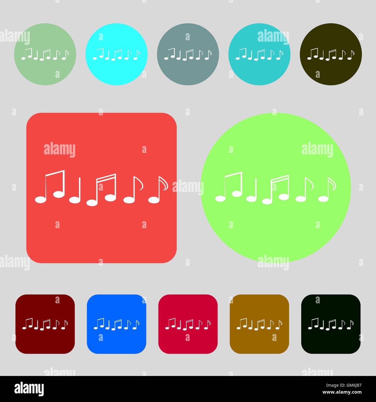 Music note sign icon. Musical symbol. 12 colored buttons. Flat design ...