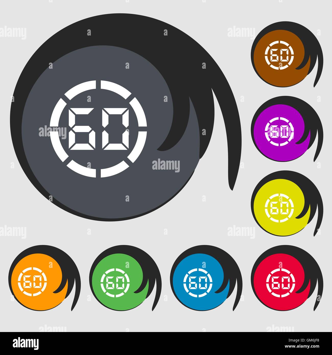 60 second stopwatch icon sign. Symbols on eight colored buttons. Vector ...