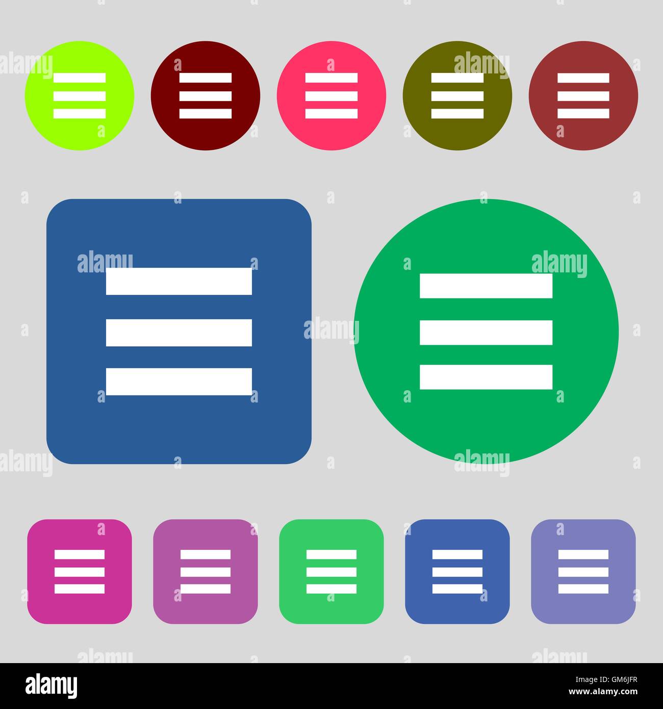 Align text to the width icon sign. 12 colored buttons. Flat design ...