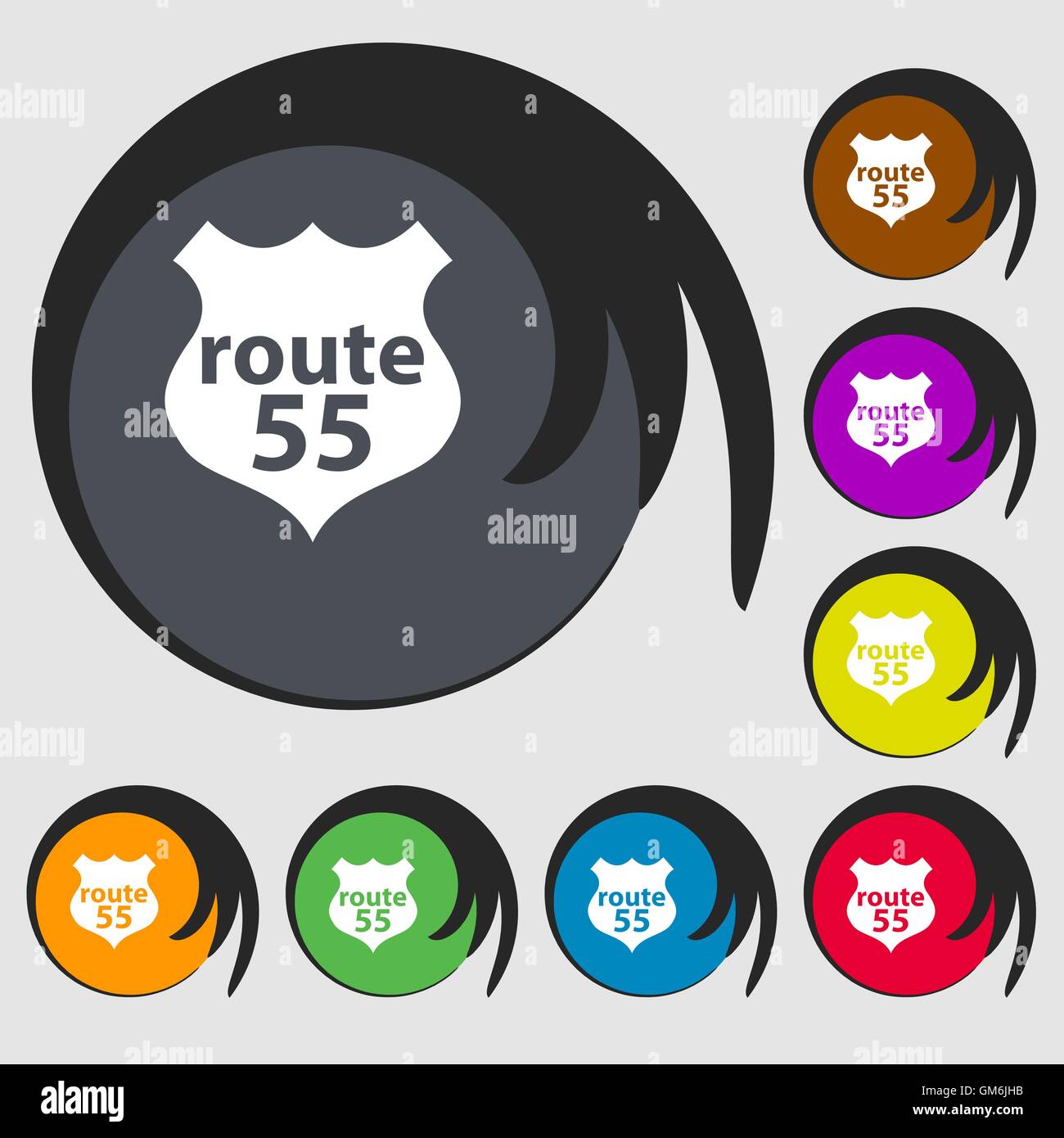 Route 55 highway icon sign. Symbols on eight colored buttons. Vector ...