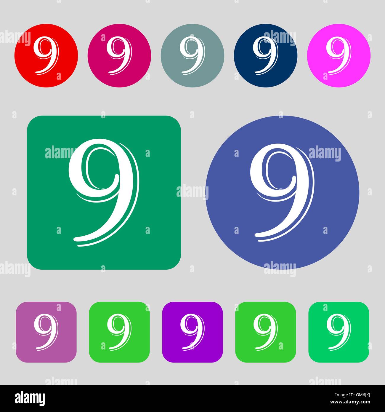 number Nine icon sign. 12 colored buttons. Flat design. Vector Stock ...