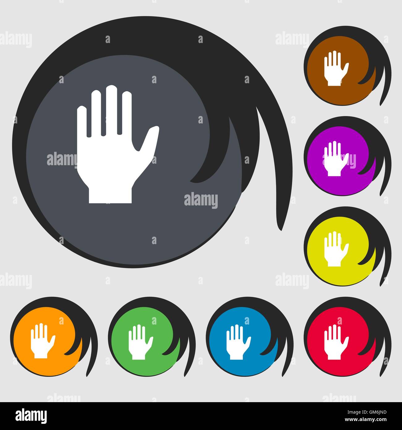 Hand print sign icon. Stop symbol. Symbols on eight colored buttons ...