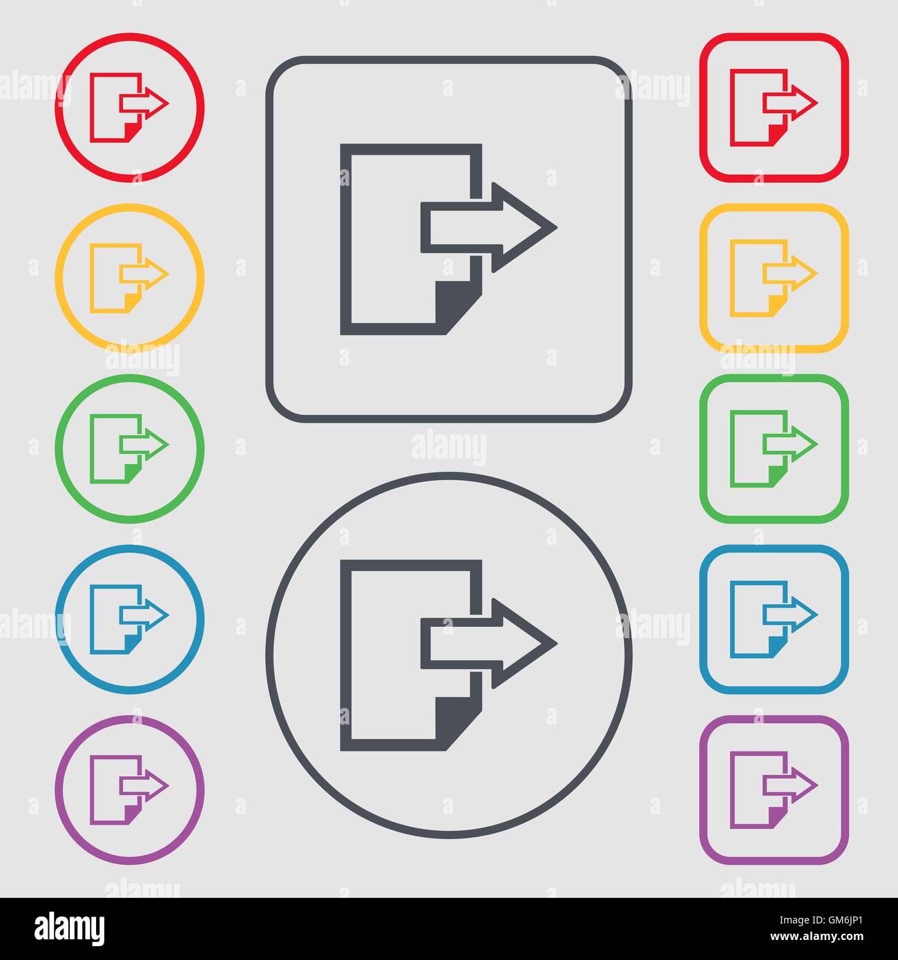 Export file icon. File document symbol. Symbols on the Round and square ...