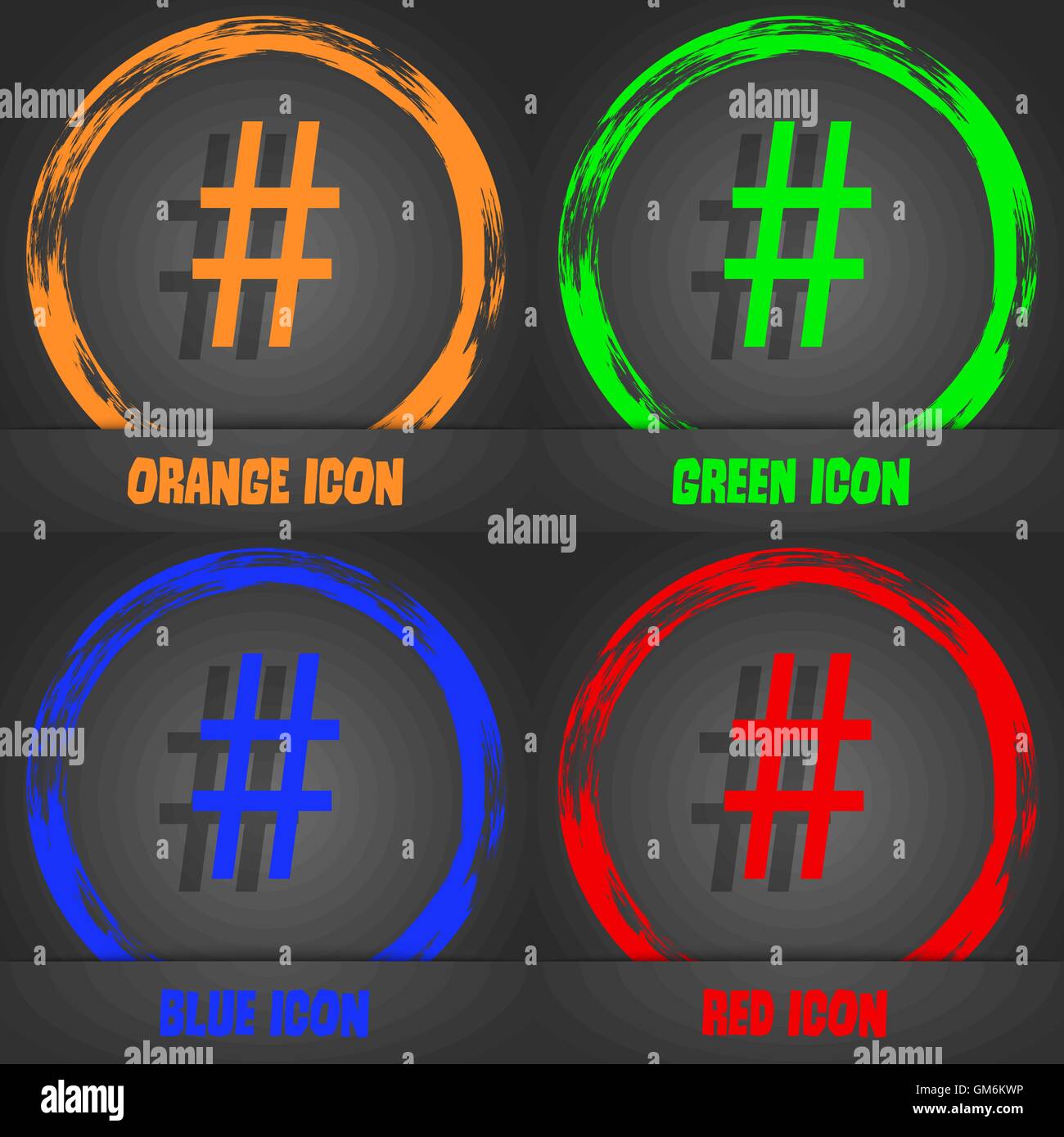 hash tag icon. Fashionable modern style. In the orange, green, blue ...