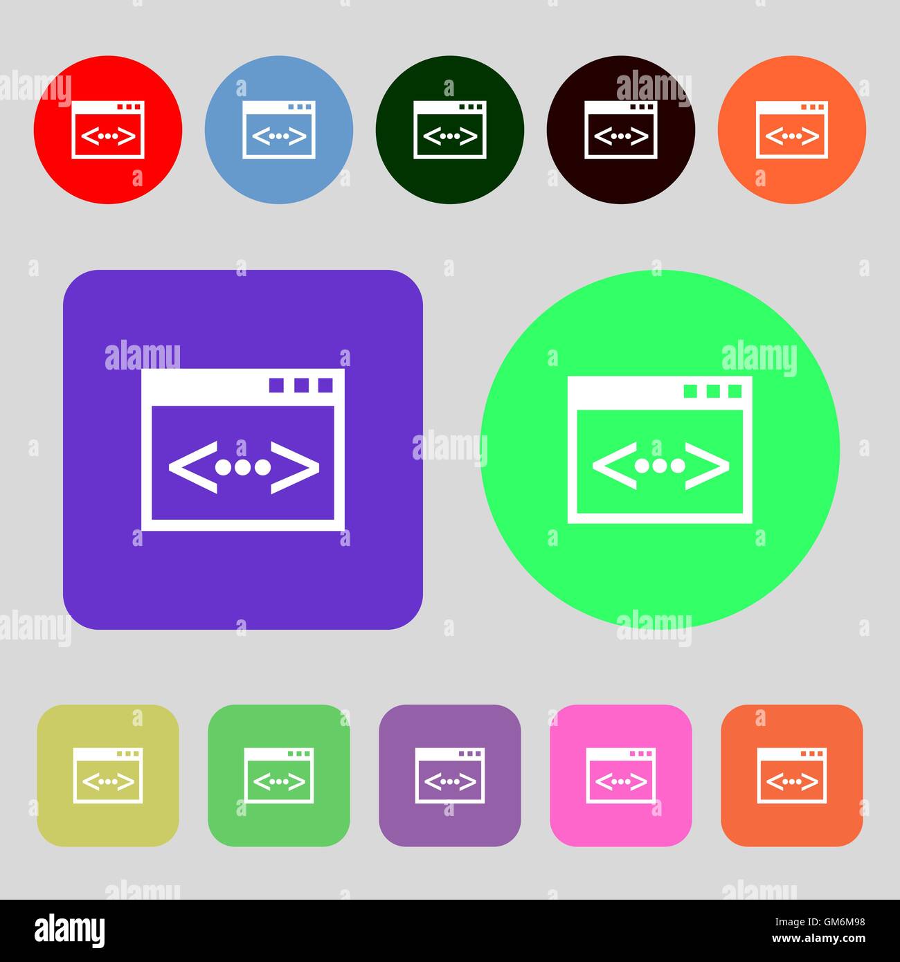 Code sign icon. Programmer symbol. 12 colored buttons. Flat design ...