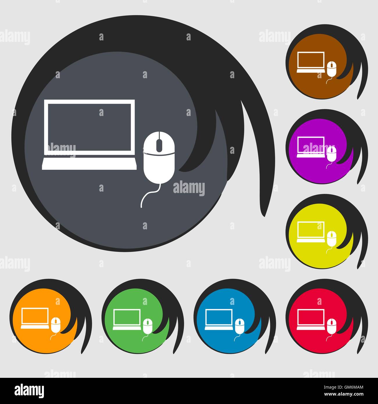 Computer widescreen monitor, mouse sign icon. Symbols on eight colored ...