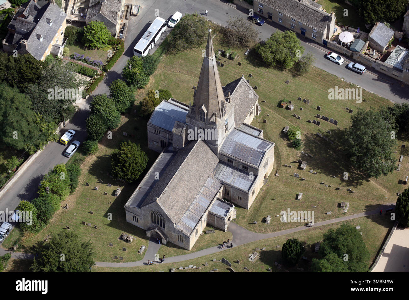 aerial view of St Mary's C of E Church in Bampton, Oxfordshire, UK ...