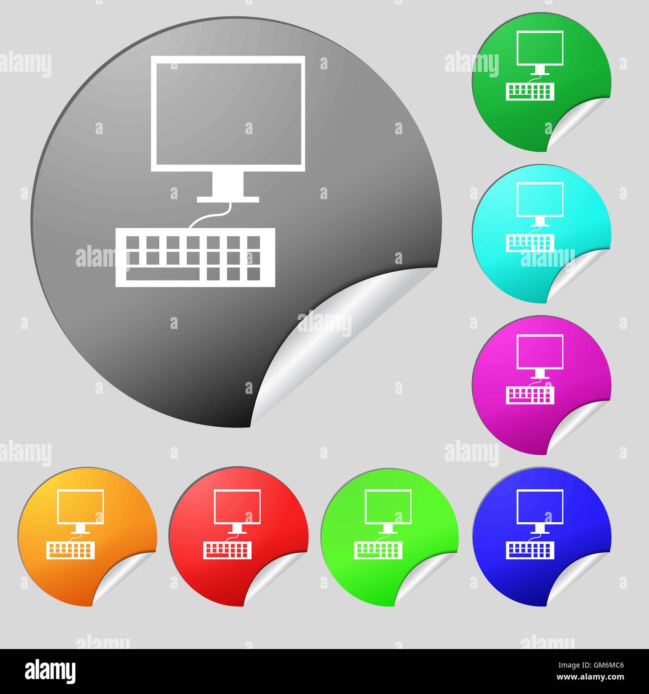 Computer monitor and keyboard Icon. Set of eight multi colored round ...