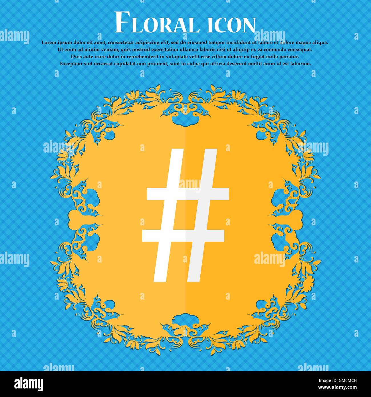 hash tag icon. Floral flat design on a blue abstract background with ...