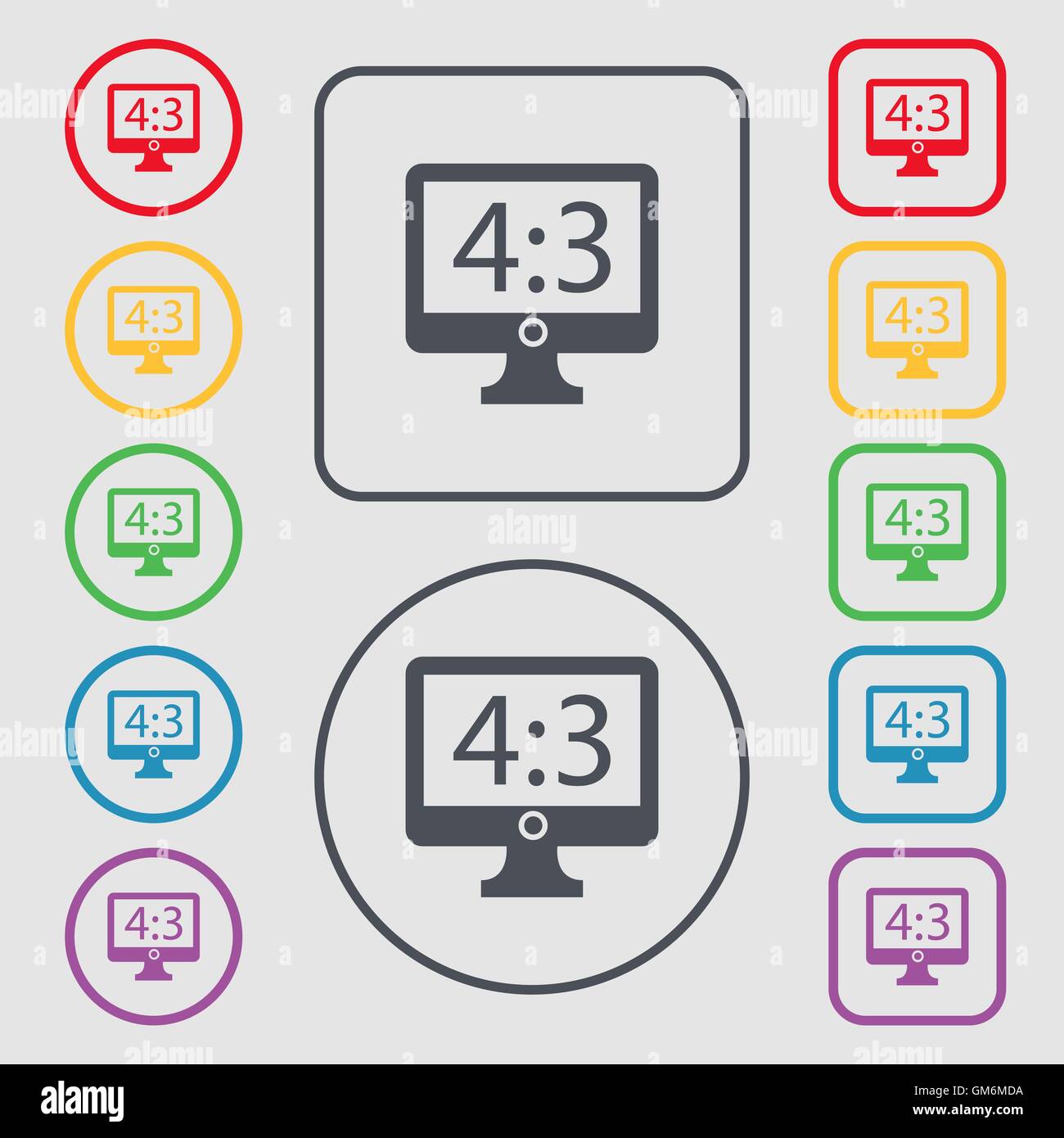 Aspect ratio 4 3 widescreen tv icon sign. Symbols on the Round and square buttons with frame ...