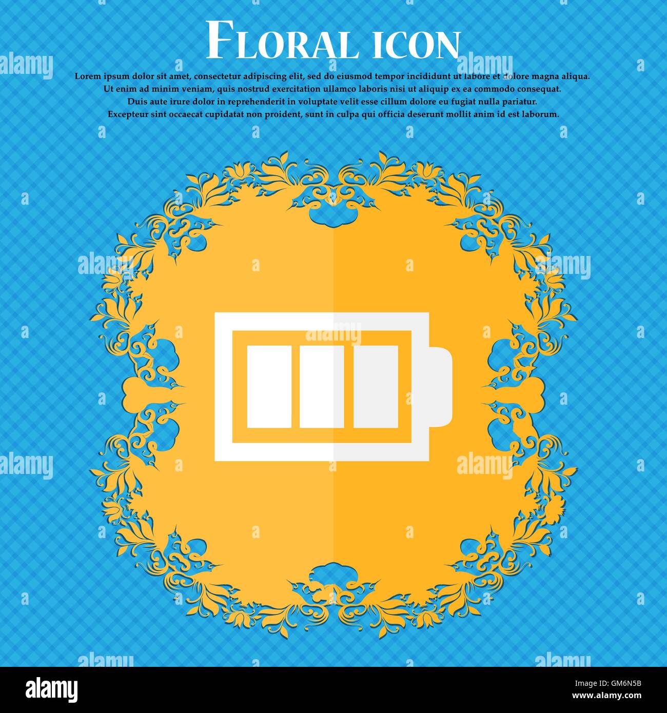 Battery fully charged sign icon. Electricity symbol. Floral flat design ...