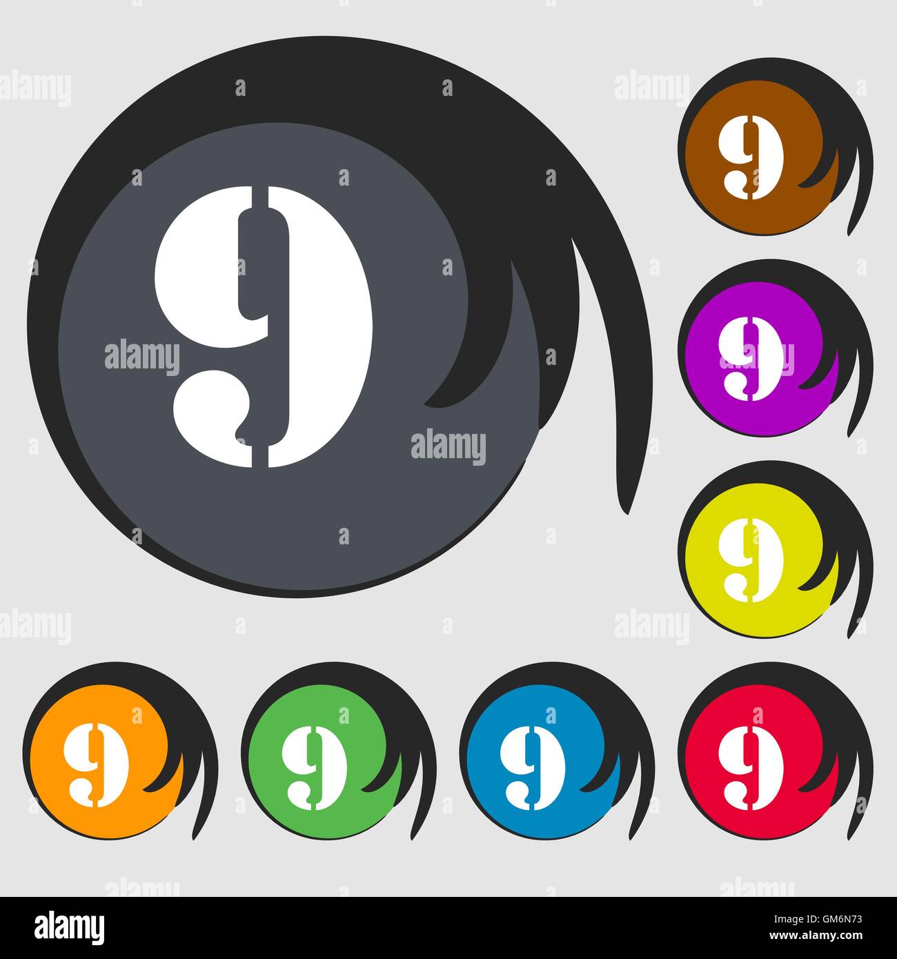 number Nine icon sign. Symbols on eight colored buttons. Vector Stock ...