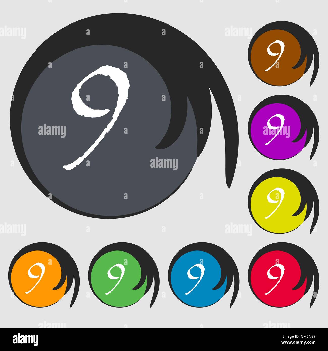 number Nine icon sign. Symbols on eight colored buttons. Vector Stock ...