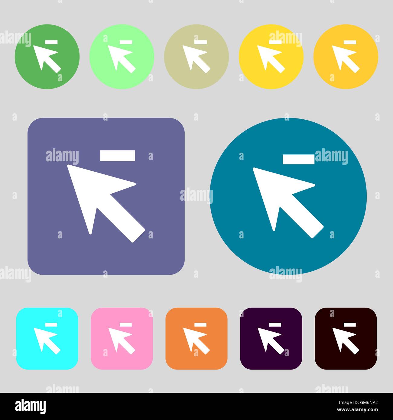 Cursor, arrow minus icon sign. 12 colored buttons. Flat design. Vector ...