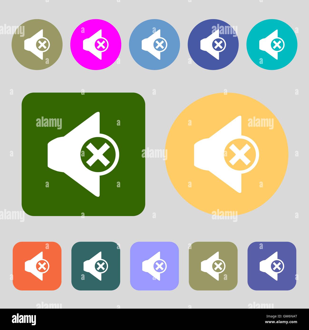 Mute speaker sign icon. Sound symbol. 12 colored buttons. Flat design ...