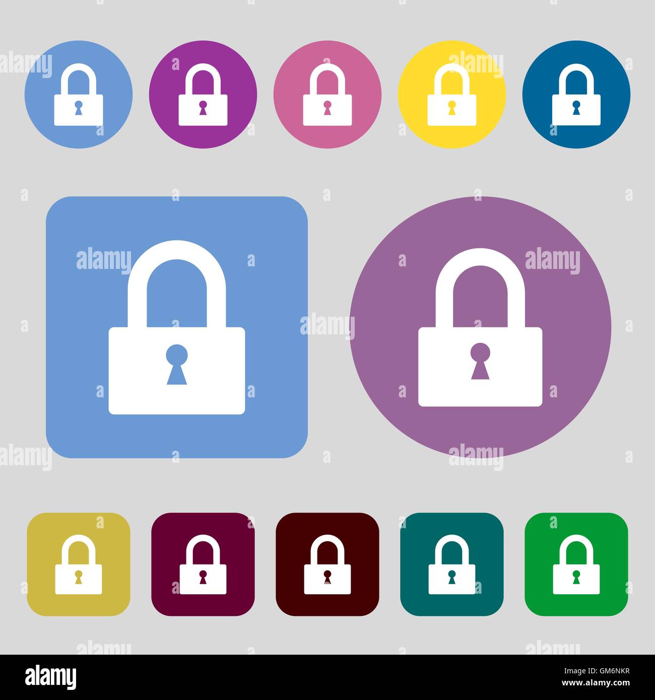 Lock sign icon. Locker symbol. 12 colored buttons. Flat design. Vector ...