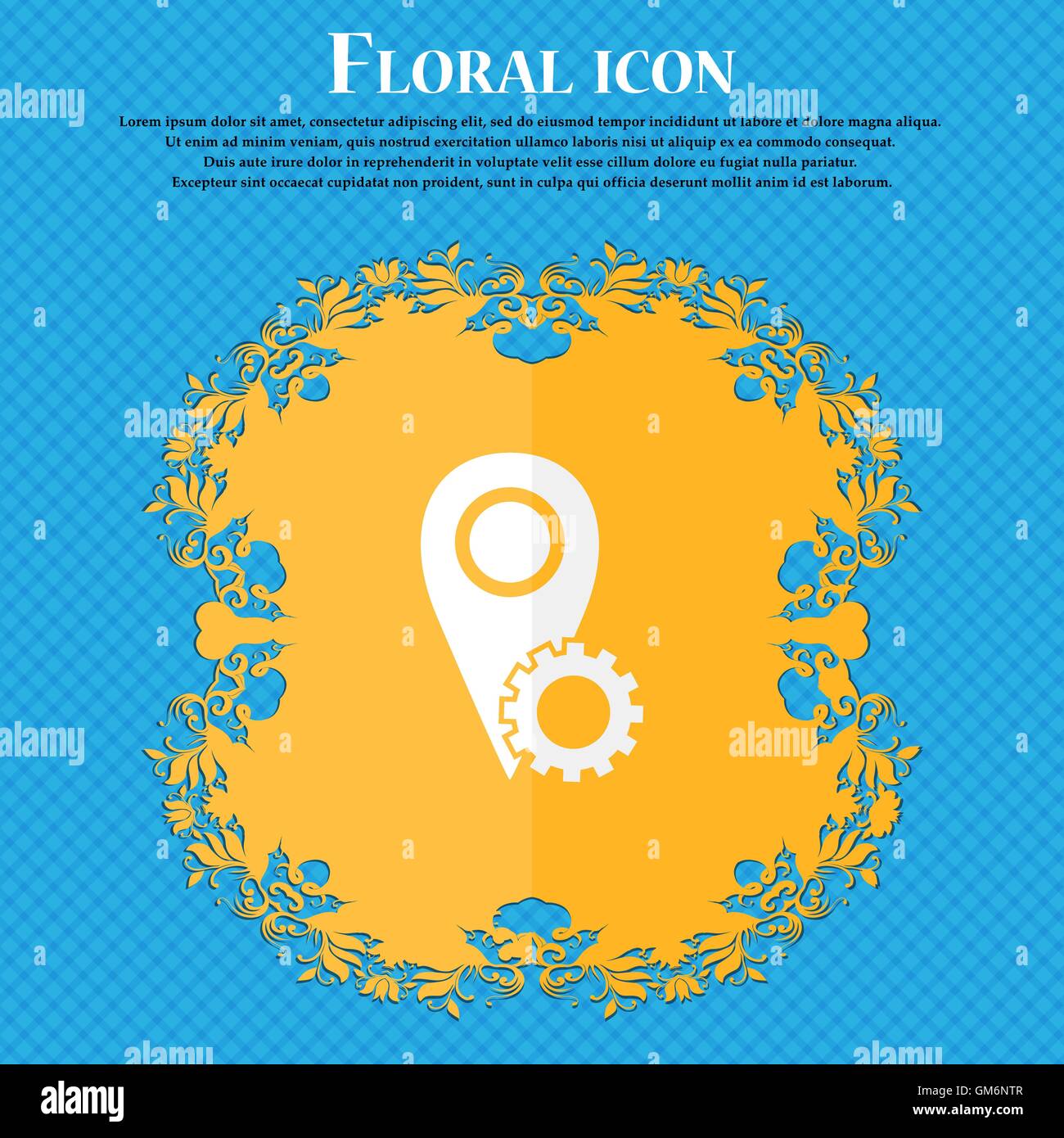 Map pointer setting icon sign. Floral flat design on a blue abstract background with place for ...