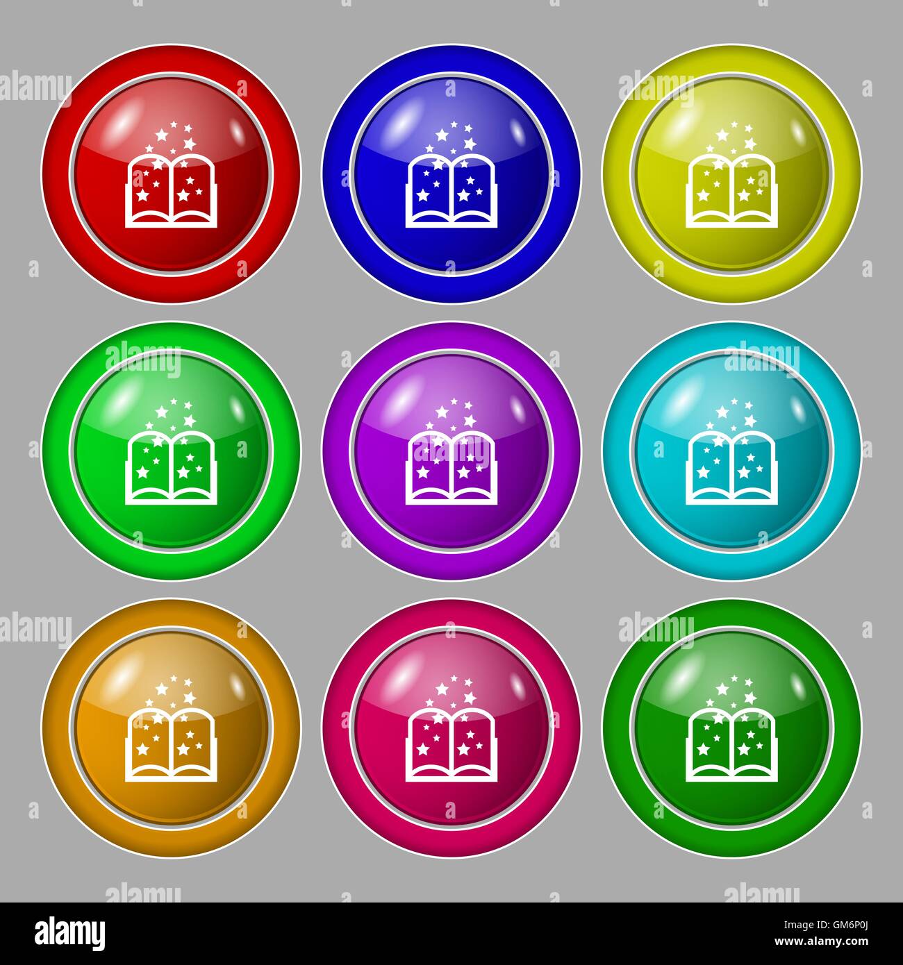 Magic Book sign icon. Open book symbol. Symbol on nine round colourful ...