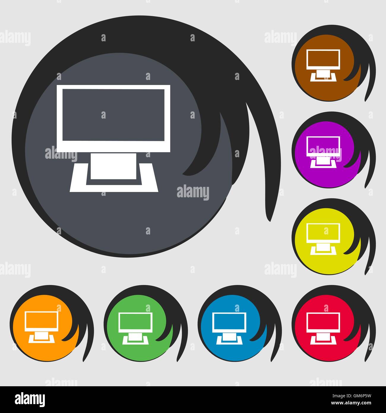Computer widescreen monitor sign icon. Symbols on eight colored buttons ...