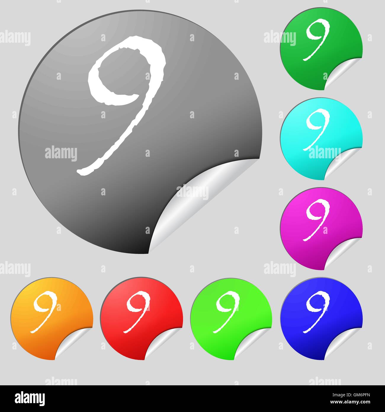 number Nine icon sign. Set of eight multi colored round buttons ...