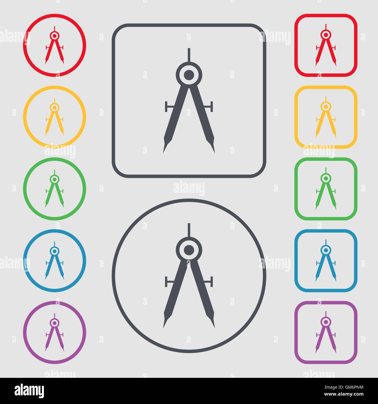 Mathematical Compass sign icon. Symbols on the Round and square buttons ...